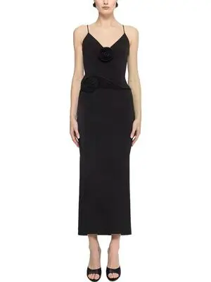 NISSA Floral Appliqué Midi Dress - Black
