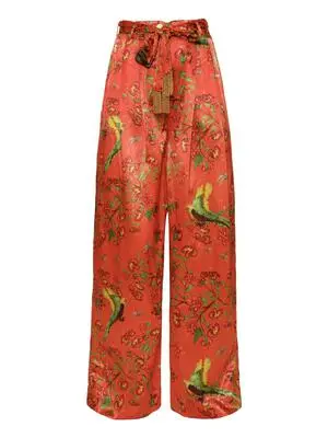 ASHAKI Maya Wide-leg Trousers With Hibiscus And Green Parakeet Print - Red