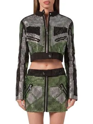 Philipp Plein Cropped Suede Biker Jacket With Rhinestones - Green