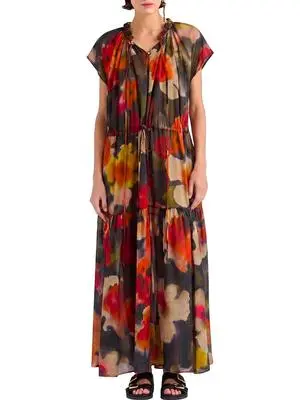 Momoni Otero Floral Print Short Sleeve Silk Maxi Tunic - Multicolor