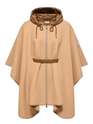 Moncler Padded Wool Blend Cape With Hood - Beige