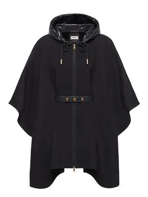 Moncler Padded Wool Blend Cape With Hood And Belt - Blue