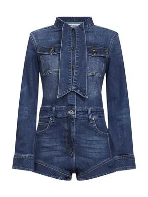 SELF-PORTRAIT Blue Stretch Denim Ruffle Playsuit - Multicolor
