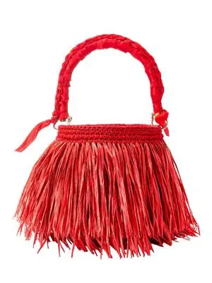 SPEIRA Raffia Bucket Bag With Bamboo Handle And Fringe Detail - Red