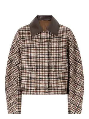 Brunello Cucinelli Checked Wool-blend Jacket With Leather Trim - Brown