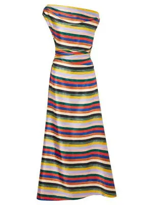 Staud STAUD Phare One-Shoulder Draped Striped Silk-Blend Satin Maxi Dress Multi