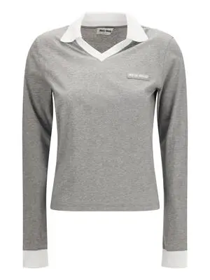 Miu Miu Long-sleeved Cotton T-shirt With Polo Collar - Grey