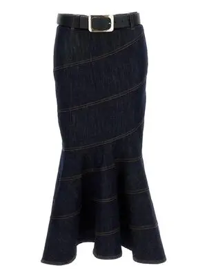 SELF-PORTRAIT Indigo Denim Belted Midi Skirt - Multicolor