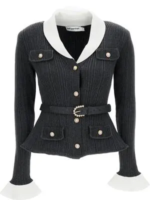 SELF-PORTRAIT Ribbed Knit Cardigan With Pearl Embellished Belt - Multicolor