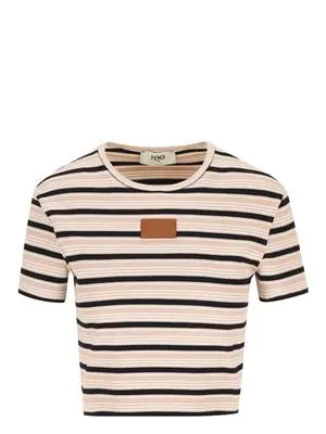Fendi Ribbed Knit Crewneck Short Sleeve Striped T-shirt - Pink