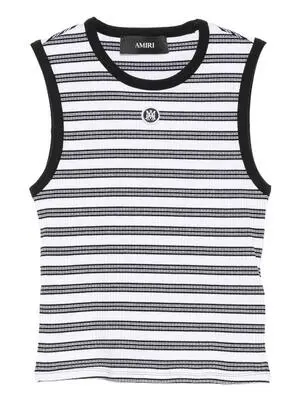 Amiri Ribbed Knit Sleeveless Tank Top With Horizontal Pattern And Logo Patch - White