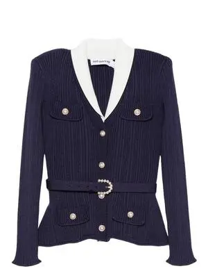 SELF-PORTRAIT Ribbed Knit Contrasting Collar V-Neck Cardigan With Pearl Embellishments Blue