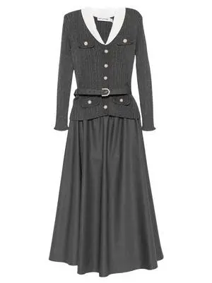 SELF-PORTRAIT Grey Ribbed-knit V-neck Day Dress With Faux-pearl Embellishments - Gray