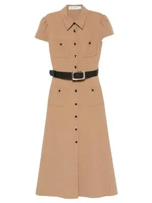 SELF-PORTRAIT Brown Button-front Flared Midi Dress With Belt - Cream