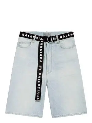 Balenciaga Logo Belt Denim Shorts - Light Blue