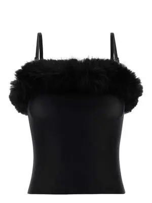 Balenciaga Stretch Nylon Top With Fur Trim - Black