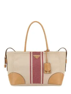 Prada Large Canvas Shopping Bag With Leather Trim - Brown