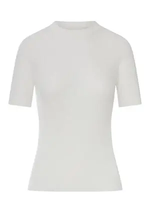 FENDI FENDI White Cotton Ribbed Knit Short Sleeve Sweater With Fendi Stamp Motif