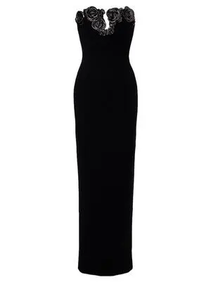 RACHEL GILBERT Rachel Gilbert Black Floral-Appliqué Bustier Gown