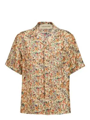 Valentino Garavani Beige Bowling Shirt In Silk With Papier Floral Print Multicolour