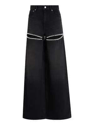 AREA Cutout Crystal-embellished High-rise Wide-leg Jeans - Black