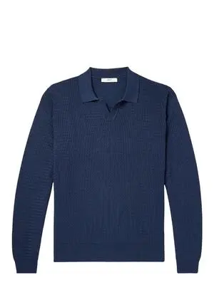 Mr P. Textured Cotton And Silkblend Polo Shirt - Navy