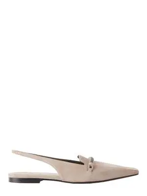 Brunello Cucinelli Suede Pointed-toe Slingback Flats With Monili Embellishment - Gray