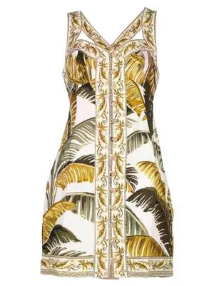 Farm Rio Leaf Print Sweetheart Neck Mini Dress - Neutrals