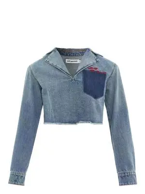 SELF-PORTRAIT Self-Portrait Cropped Denim Top With Frayed Hem