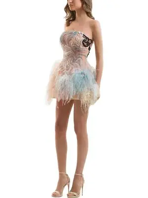 IMROSKA Embellished Feather-trimmed Strapless Dress - Neutrals