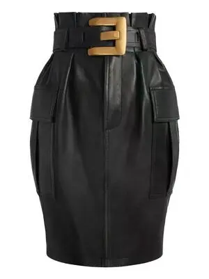 Balmain Belted Lambskin Skirt - Black