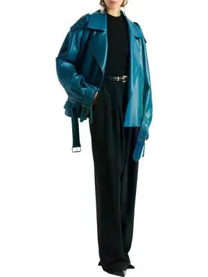 Balmain Lambskin Leather Biker Jacket - Blue