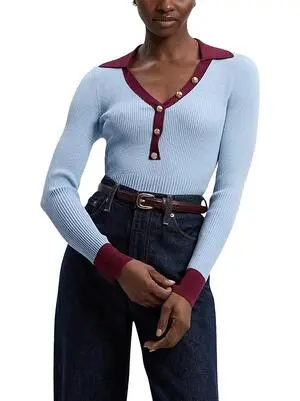 Karen Millen Rib Knit Collared Top With Contrast Hem - Light Blue