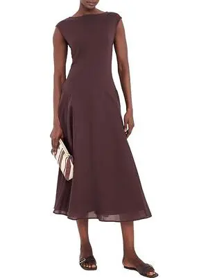 Mint Velvet Sleeveless Midi Dress With Slash Neckline And Godet Hem - Brown