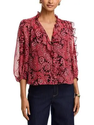 Cinq À Sept Paisley Ruffle Blouse - Obsidian/jasper Pink