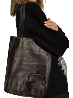 YOHJI YAMAMOTO Discord Yohji Yamamoto Large Kiss-Lock Leather Tote Bag