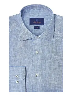 David Donahue Trim Fit Linen Herringbone Dress Shirt - Denim