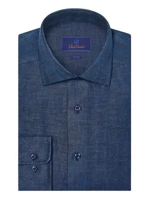 David Donahue Trim Fit Linen Herringbone Dress Shirt - Navy