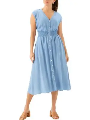 Karen Kane Smocked Waist Button-up Midi Dress - Chambray