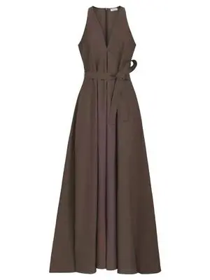 Brunello Cucinelli Techno Cotton Poplin Belted Maxi Dress - Brown