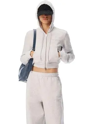 Alexander Wang Crystal Embellished Fitted Long Sleeve Zip Up Hoodie - Light Heather Grey