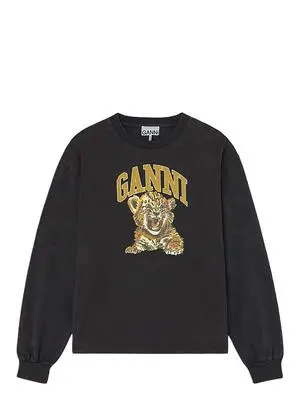 GANNI Long Sleeve Tiger Print Cotton Tee - Phantom