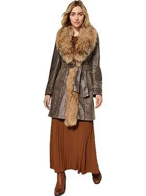 Overland Felicity Lambskin Leather Coat With Asiatic Raccoon Fur Trim - Rust/natural