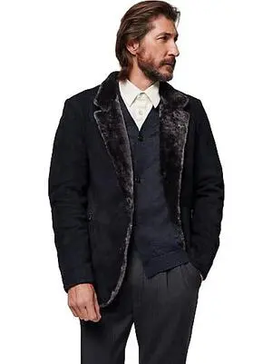 Overland Austin Suede Leather Blazer With Shearling Lining - Navy/grey