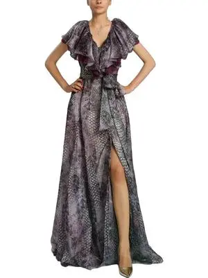 MIAU BY CLARA ROTESCU Soren Snakeskin-print Ruffled Maxi Dress - Red
