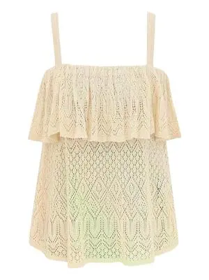 Zimmermann ZIMMERMANN Mahon Ruffled Pointelle-Knit Top Neutrals