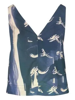 ODEEH Sleeveless V-neck Cotton Blouse - Blue