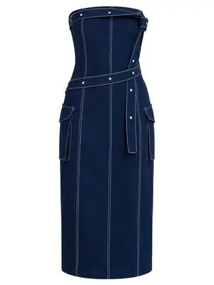 LUROQ LONDON Strapless Belted Midi Dress In Indigo Denim - Blue