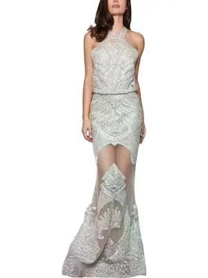 IMROSKA Embellished Feather-trim Halterneck Dress - Silver