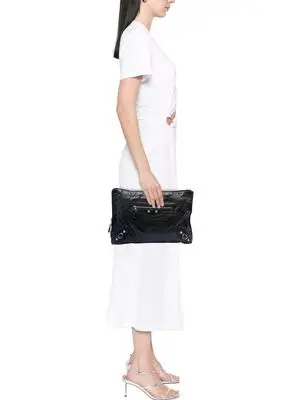 Balenciaga Lambskin Leather Studded Zip Around Clutch - Black